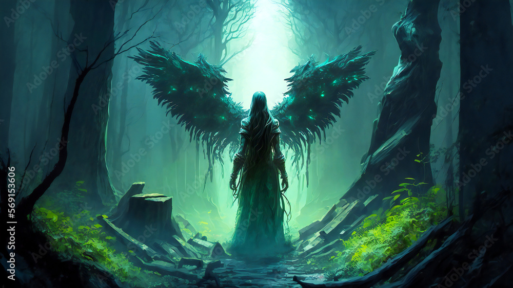 Monsters, spirits, and guardian deities in a mystical forest, digitally ...