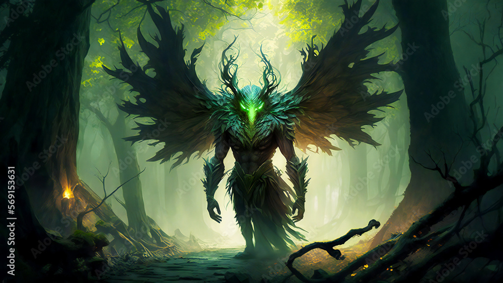Monsters, spirits, and guardian deities in a mystical forest, digitally ...
