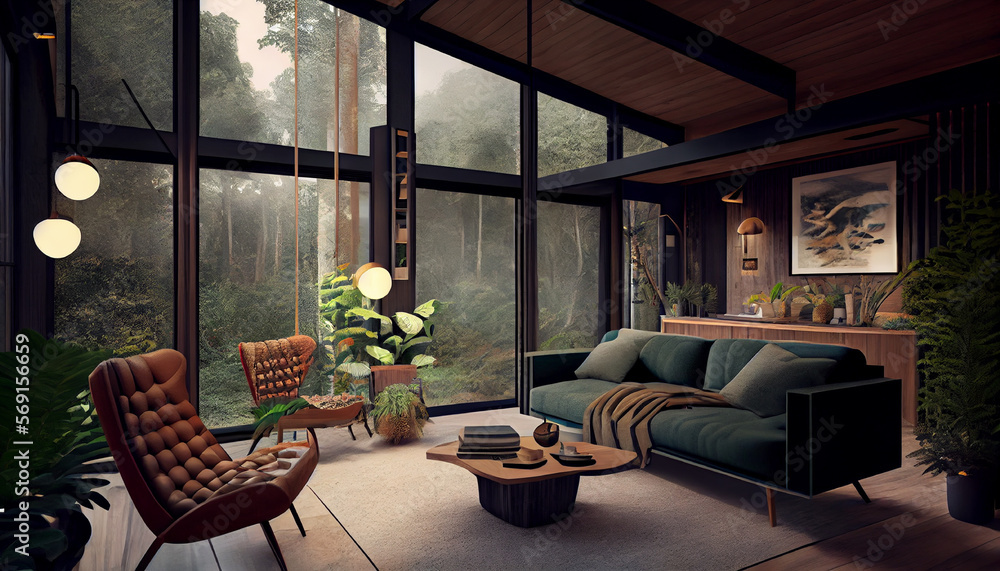Interior design of a modern forest cabin lounge with unique lighting ...