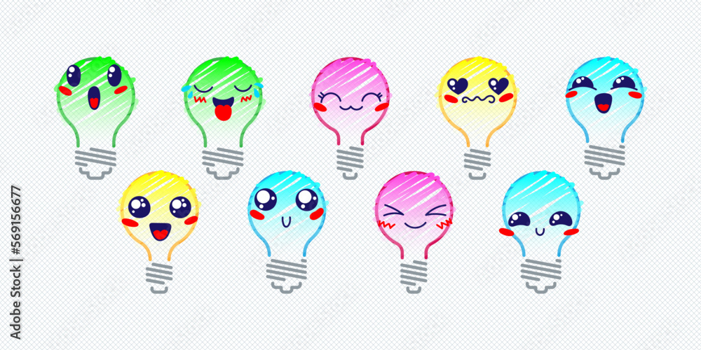 Set of Various Cartoon Bulbs with Emoticons. Doodle lightbulb, ideas ...
