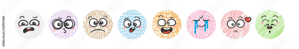 Various Cartoon Emoticons on Doodle Backgrounds. Doodle faces, eyes and ...