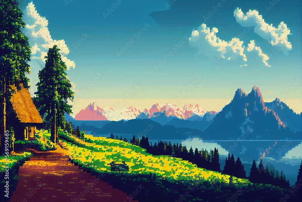 Pixel art of Swiss landscapes with house, pine trees, lake and ...