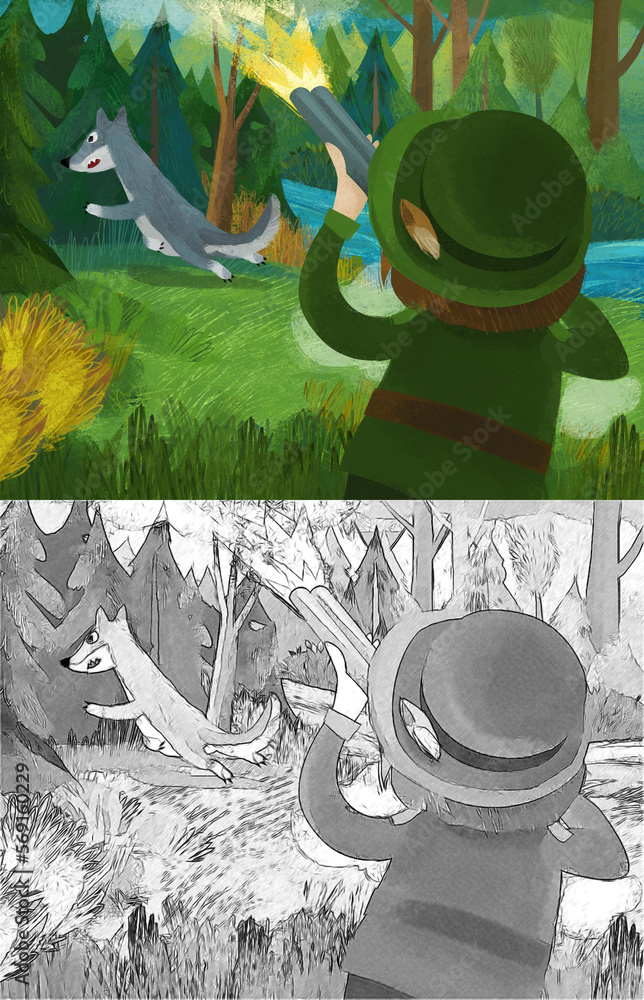 cartoon scene with hunter forester hunting wolf in the forest ...
