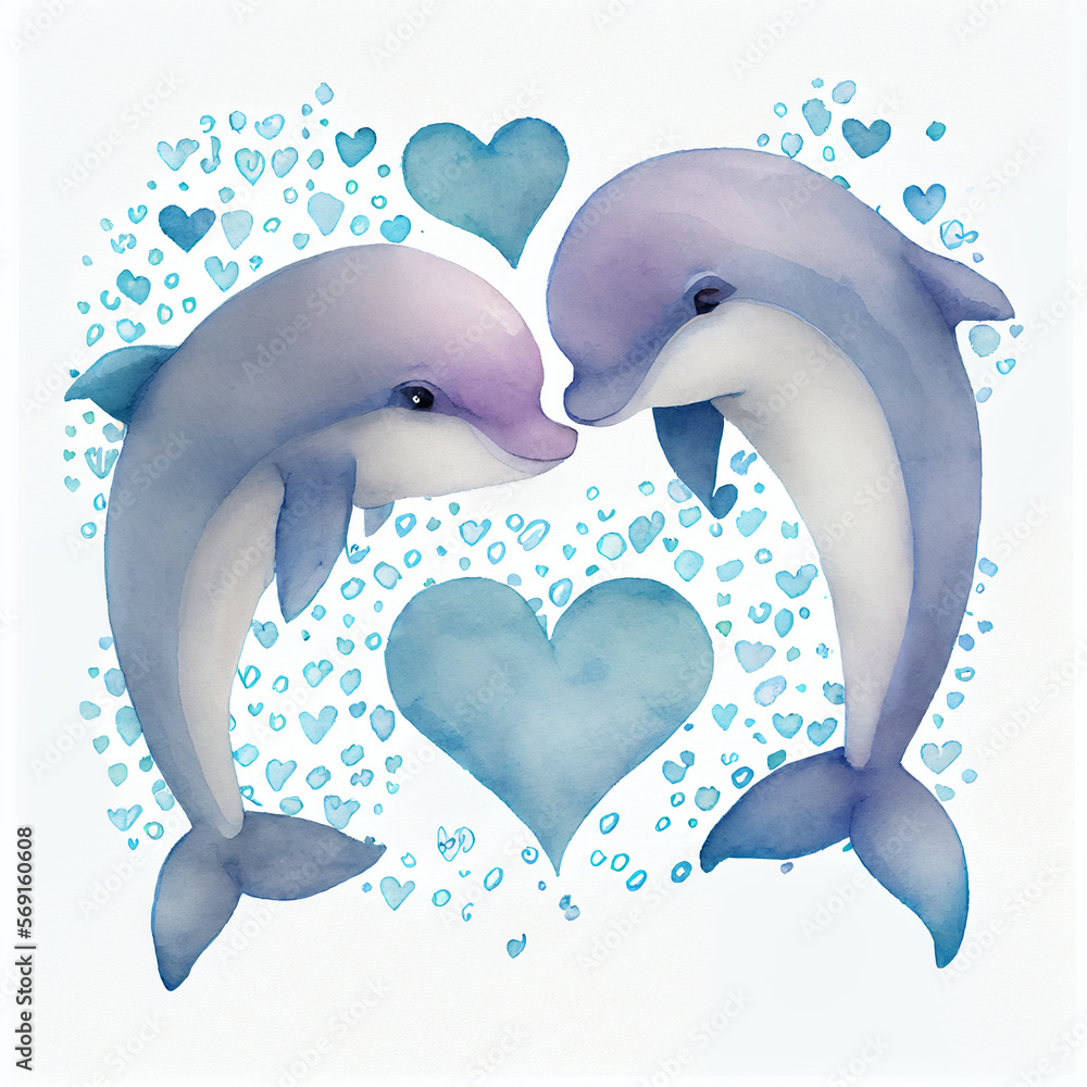 Dolphins couple swimming together in love and passion. Watercolor ...