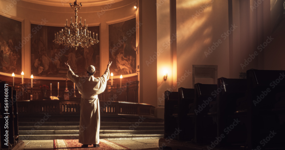 In Church Cathedral Pope Stands at Altar, and Raises his Hands Towards ...