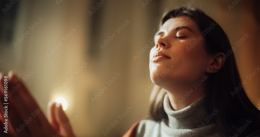 Christian Woman Sits Piously in Church, Praying, Seeks Guidance and ...