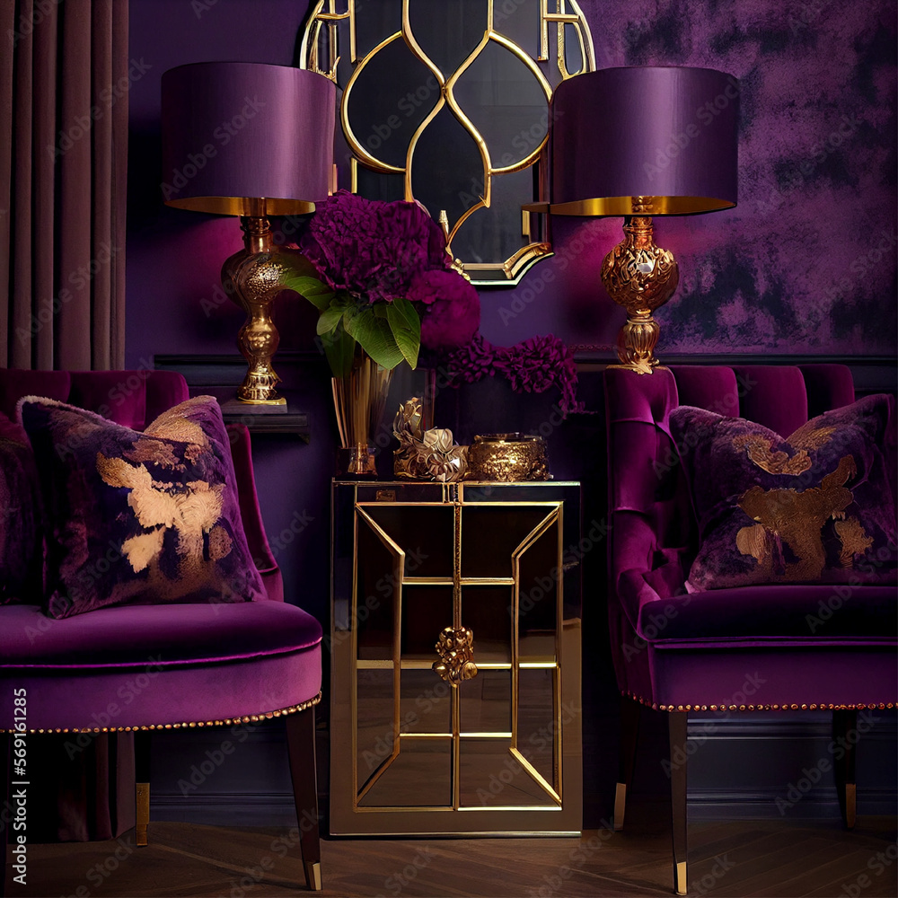 Interior design of a living room with deep purple walls and metallic ...