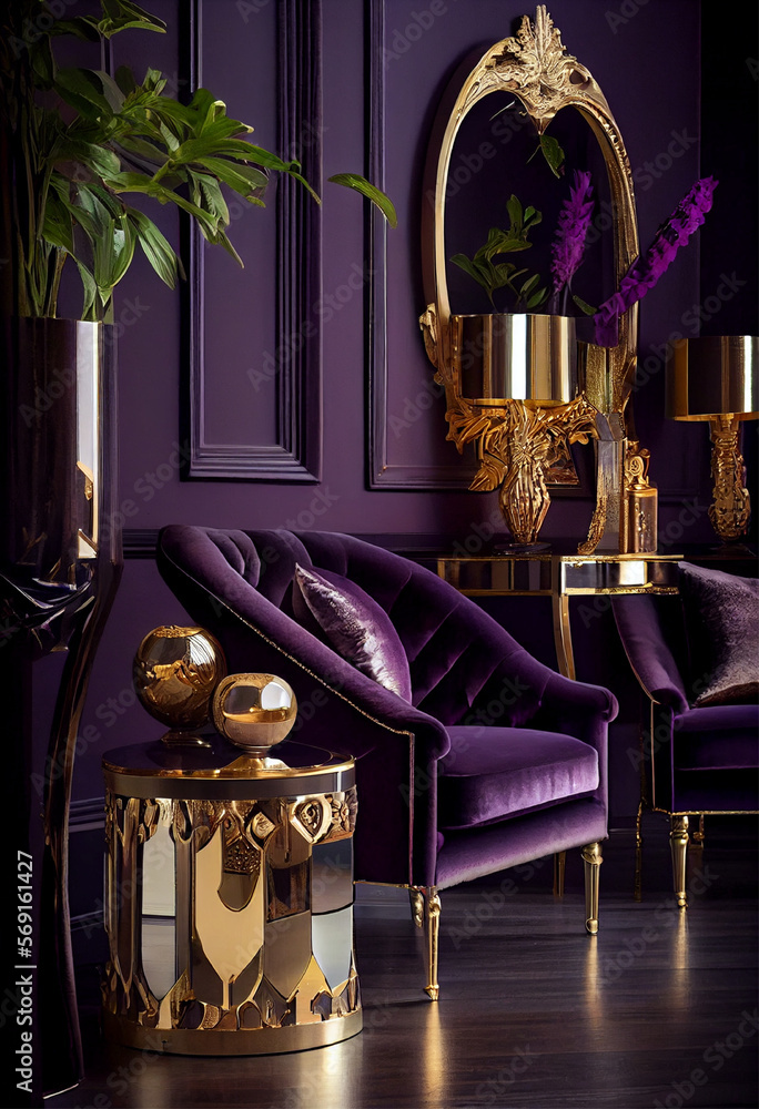 Interior design of a living room with deep purple walls and metallic ...