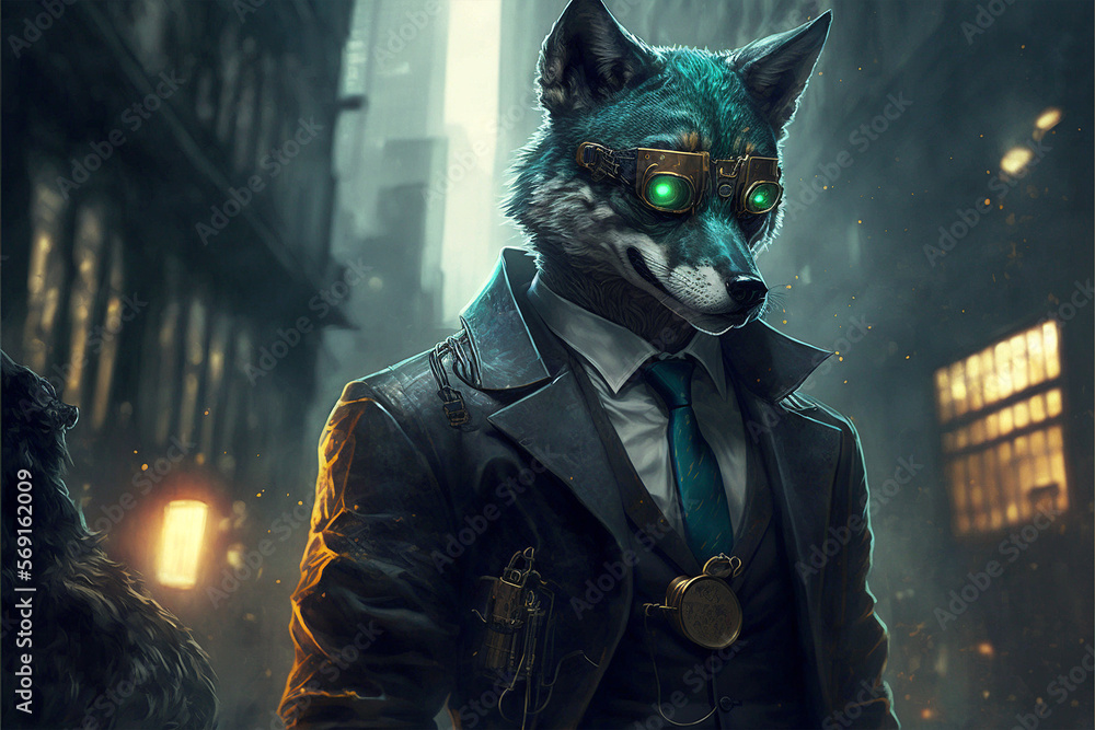Portrait of a wolf in the suit, cyberpunk style character concept art ...