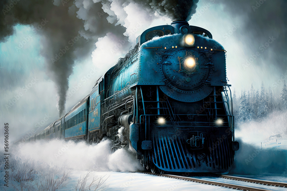 smoking diesel locomotive with polar express train travels by rail to ...