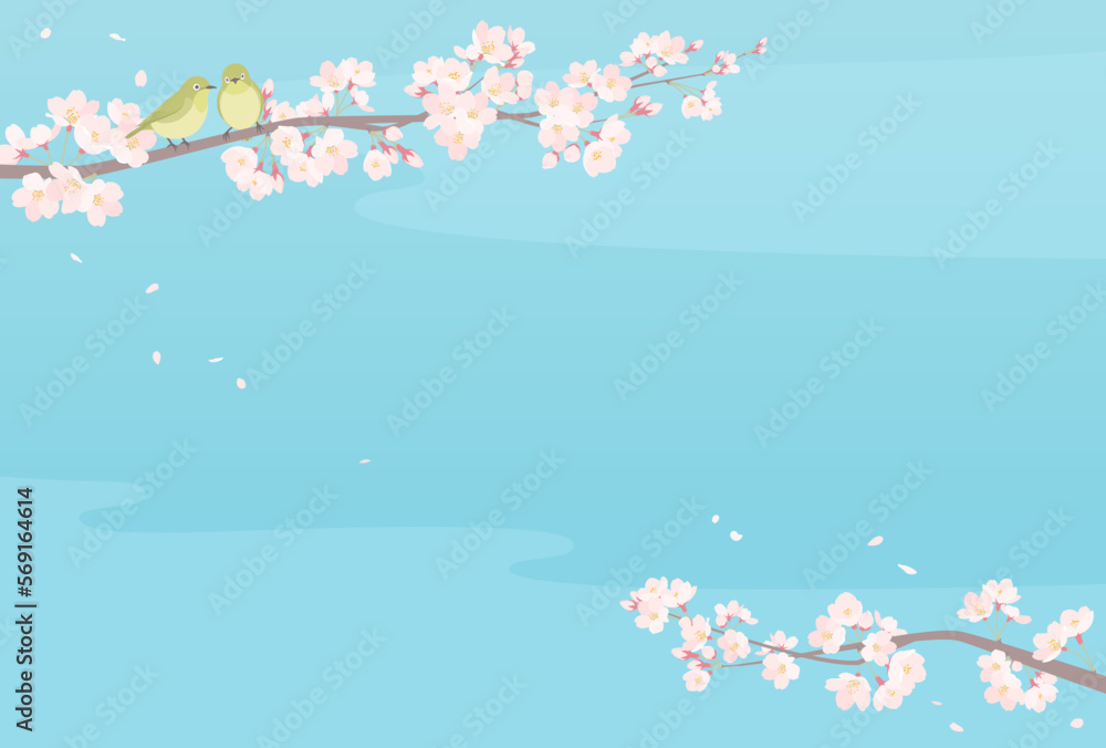 Japanese spring landscape. Vector illustration of pink cherry blossom ...