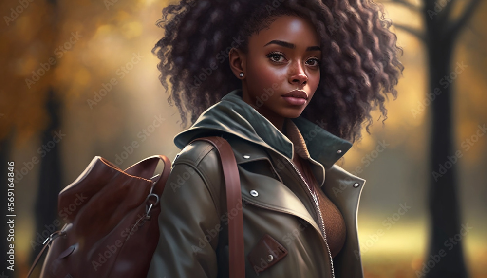 Beautiful young african woman wearing coat walking outdoors at the park, carrying backpack Stock ...
