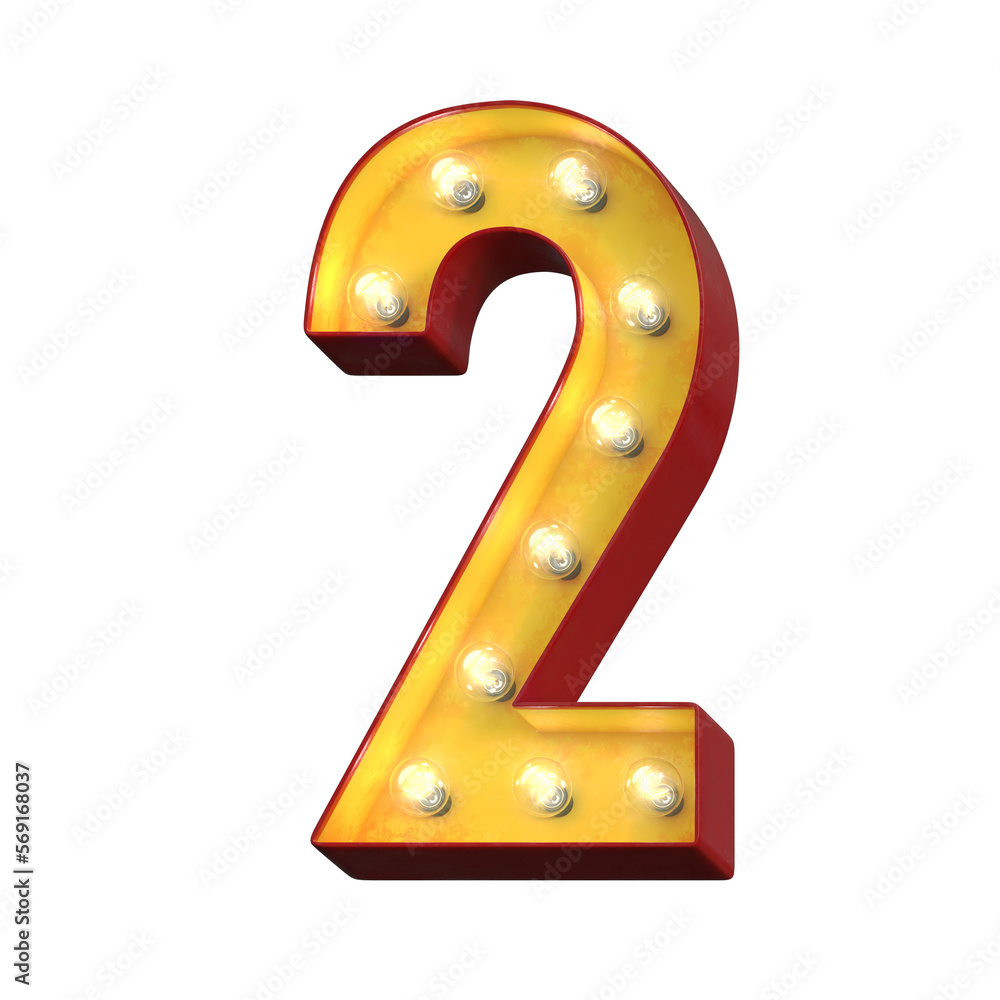 Light bulb glowing font, 3d alphabet character, 3d rendering, number 2 ...