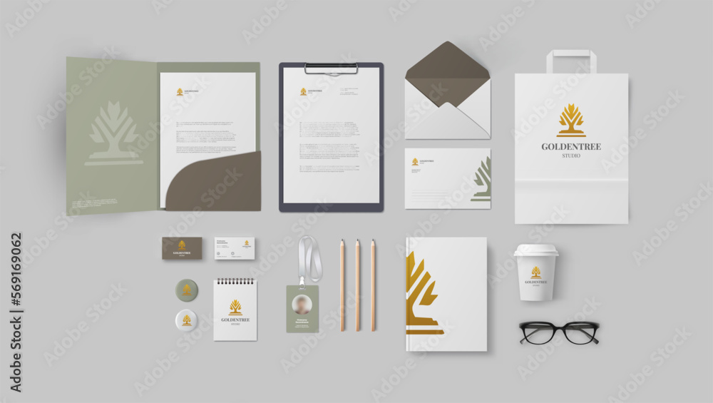 Premium identity branding with golden logo and soft mild colors for ...
