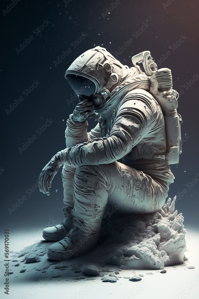 Man in astronaut suit sitting on the cracked stone with outer space and ...