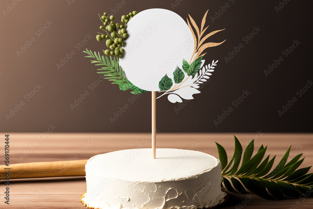 Cake topper mockup featuring a white cake with a stick style cake ...