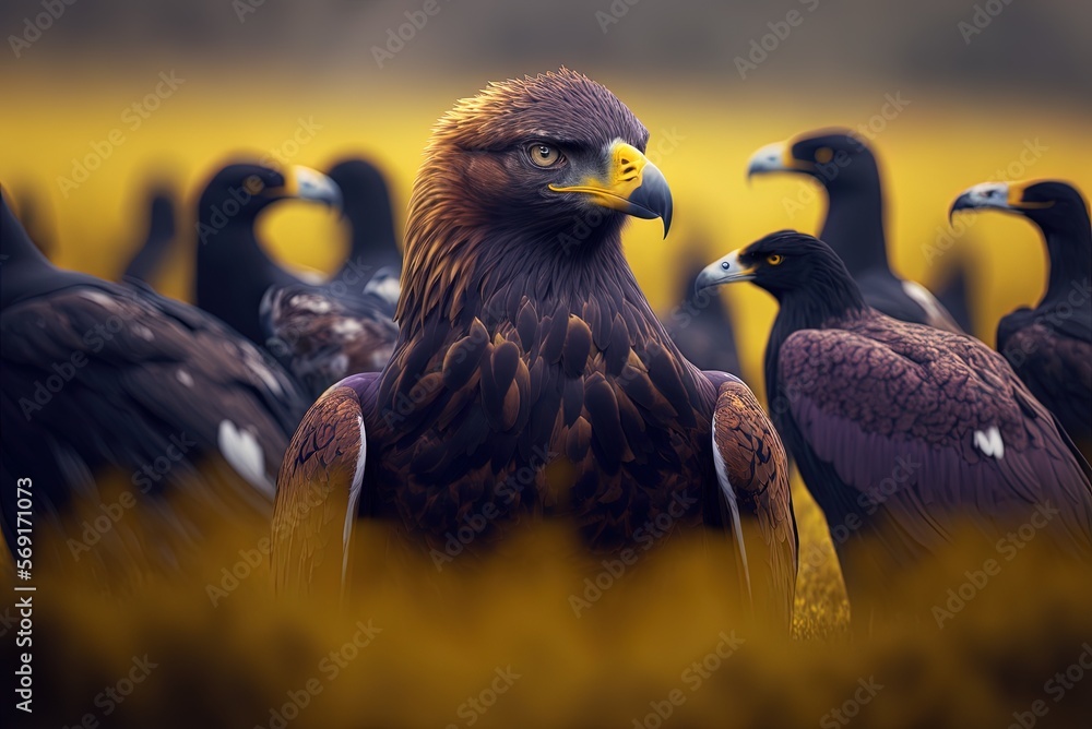 Image of a majestic golden eagle in a field with its flock. Generative ...