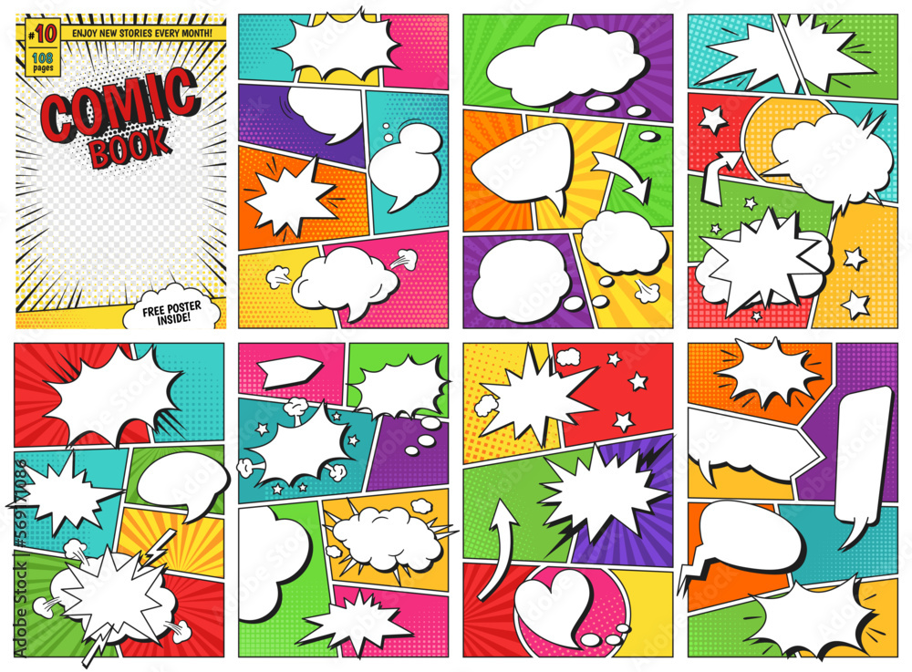 Comic book templates. Comics magazine cover and pages grid layouts with ...