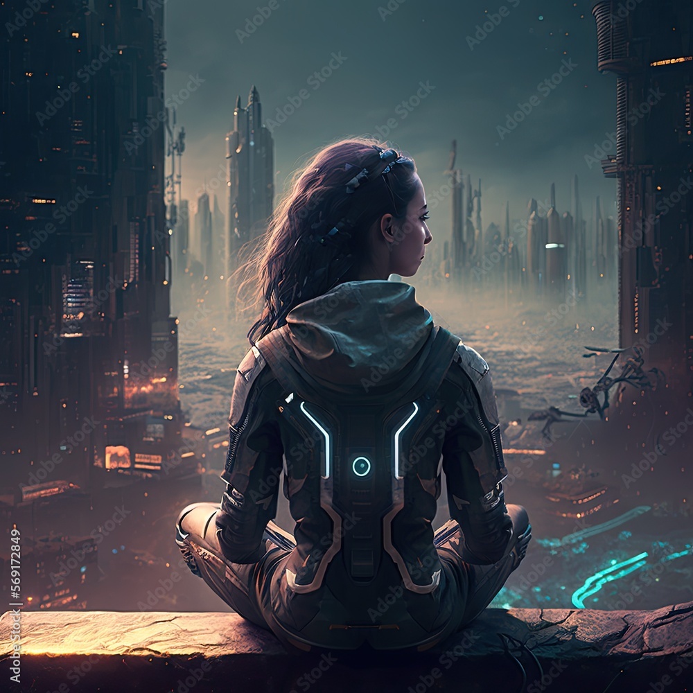 Contemplating the Future: A Woman Sitting Outside Against a Futuristic ...