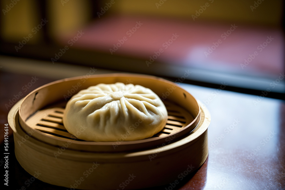 On a serving plate and in a steamer, delicious Baozi, a Chinese steamed ...