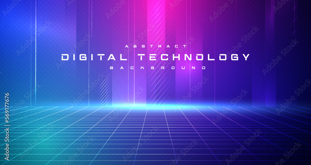 Digital technology metaverse neon blue pink background, cyber ...