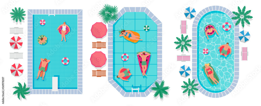 Vetor de Summer swimming pools. People relax in hotel outdoor pool with ...