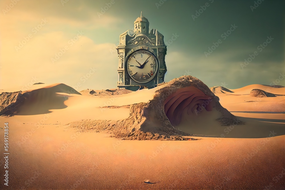 Landscape of vintage clock in desert. Ai generated Stock Illustration ...