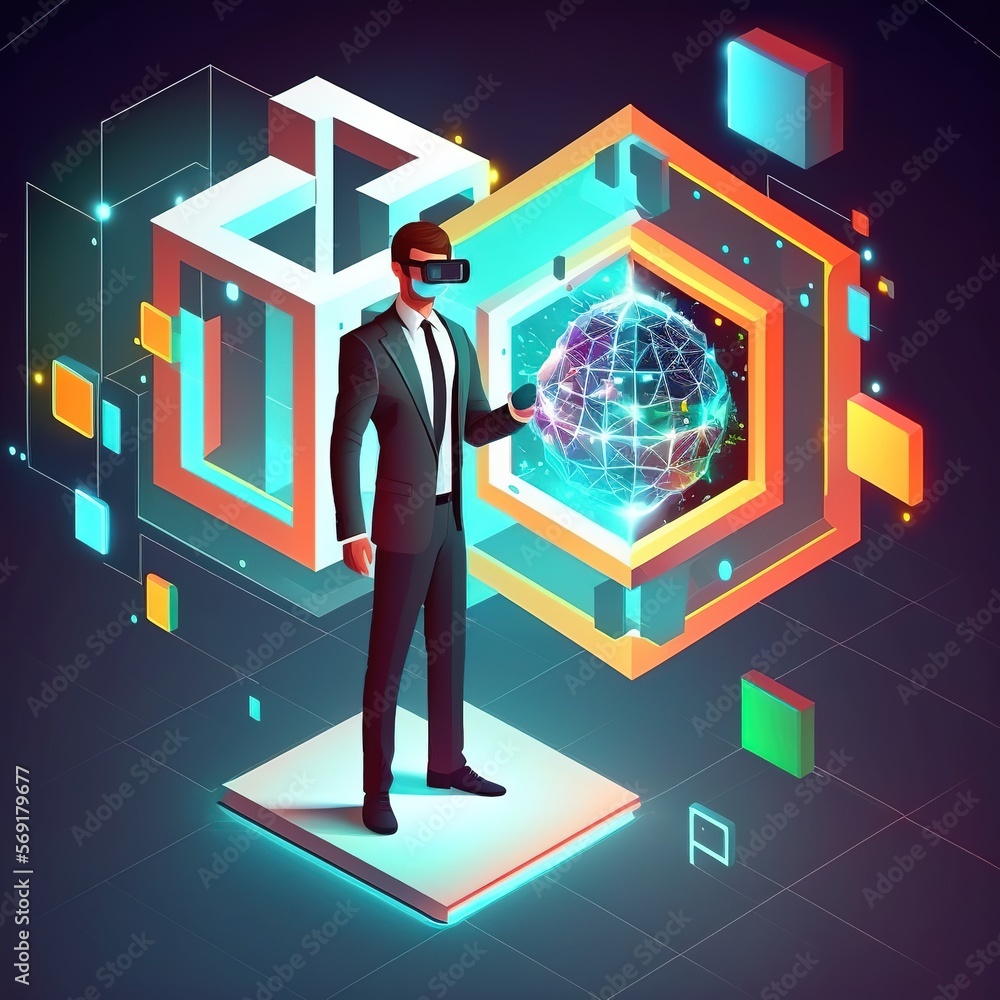 Metaverse Technology concept. Businessman use VR virtual reality goggle ...