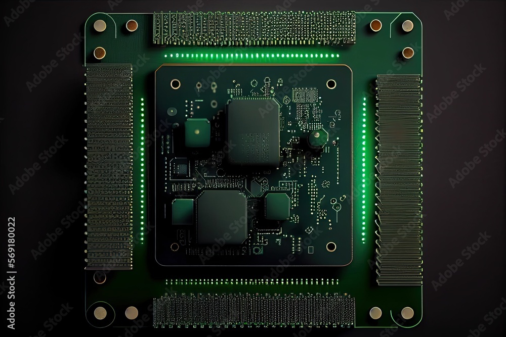 black semiconductor chips and Rectangular chips on green board ...