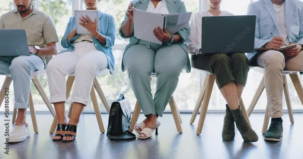 Recruitment, hiring and job interview waiting room with business people preparing for hr meeting ...