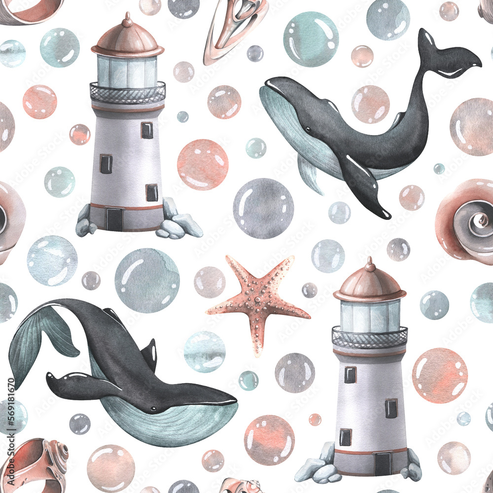A marine lighthouse with whales, shells and water bubbles. Watercolor ...