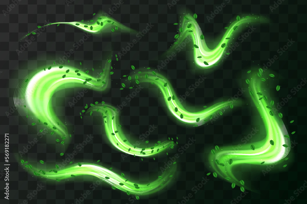 Abstract wind swirls with green leaves and sparkles isolated. Vector ...