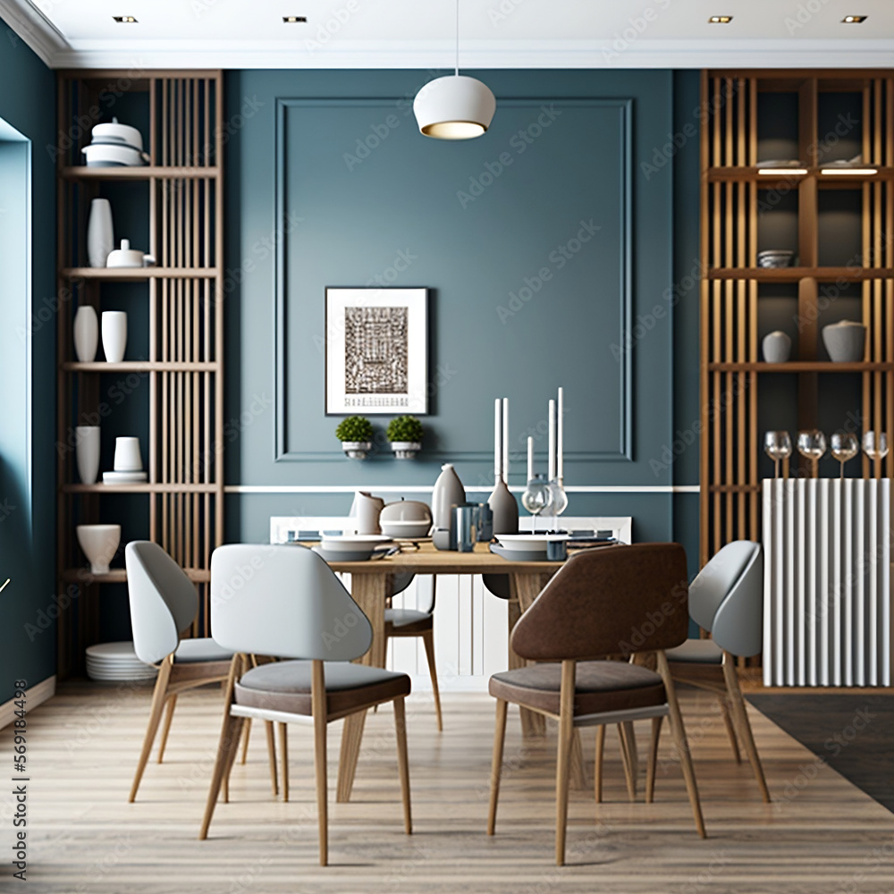 Interior design con tavolo e sedie in legno. Sala da pranzo moderna con ...
