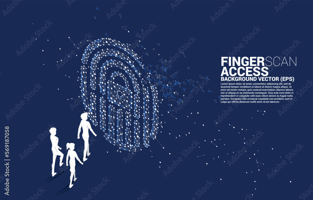 Silhouette businessman walking to thumbprint icon from dot connect line ...