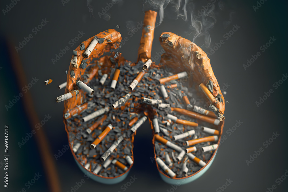 Ashtray in the shape of a human lung with smoldering cigarette butts ...