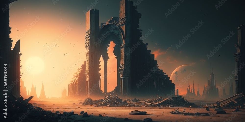 Dark and brooding alien city ruins portrayed through realistic 3D ...