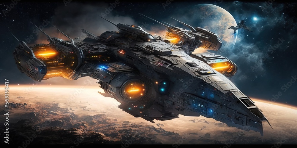 Spaceships in hyper-realistic sci-fi style with a starship and an outer ...