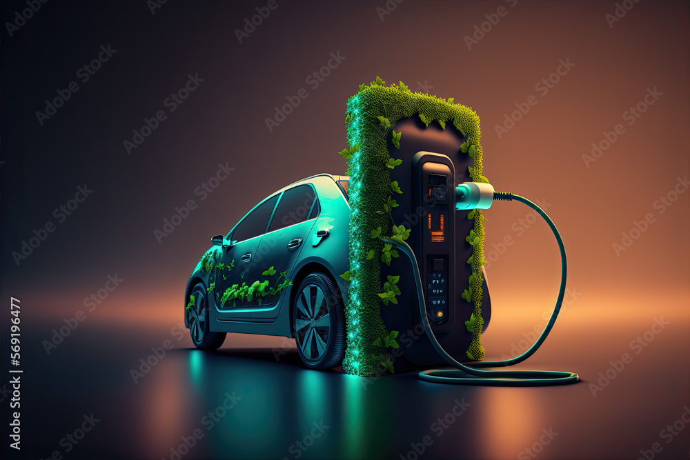Car charging with electric energy with dark background. Clean energy ...