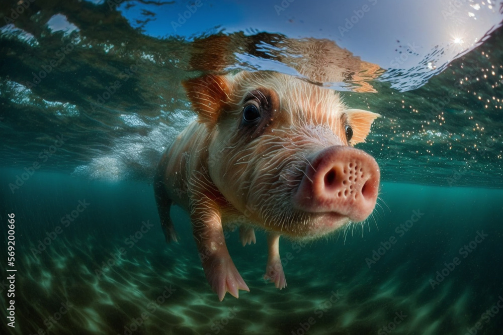 generative ai funny pink pig posing on camera underwater picture Stock ...