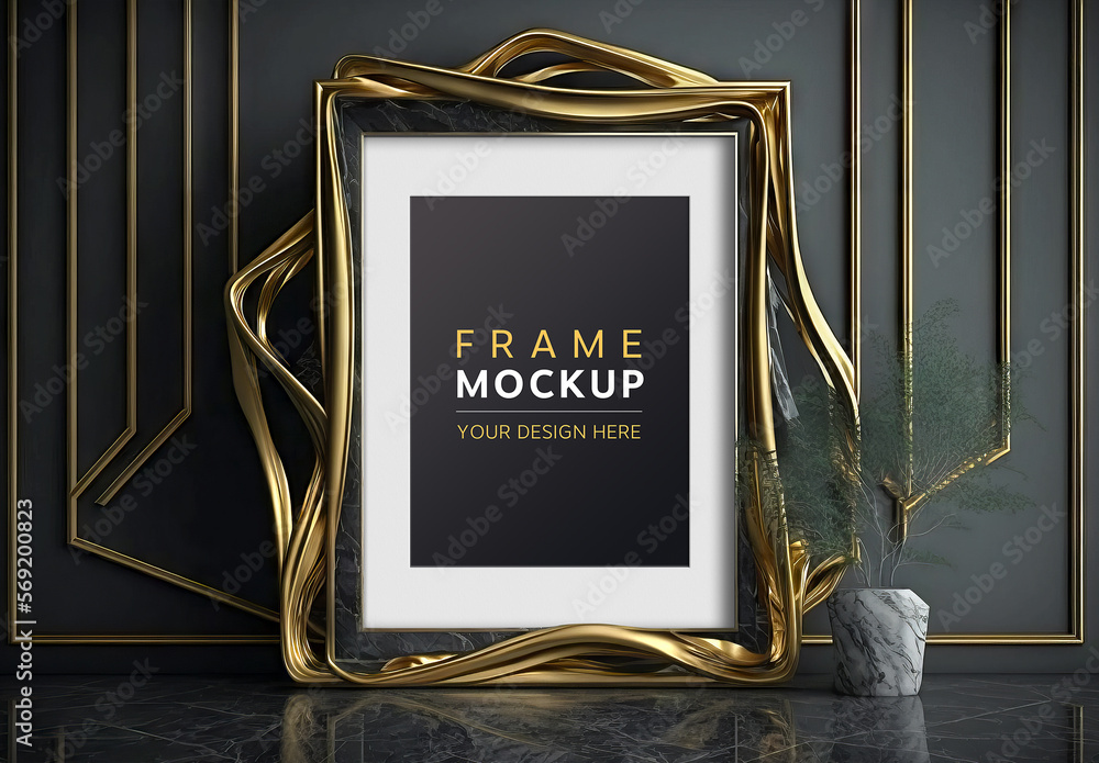 Gold Designer Frame in Dark Modern Interior Mockup with Generative Ai ...