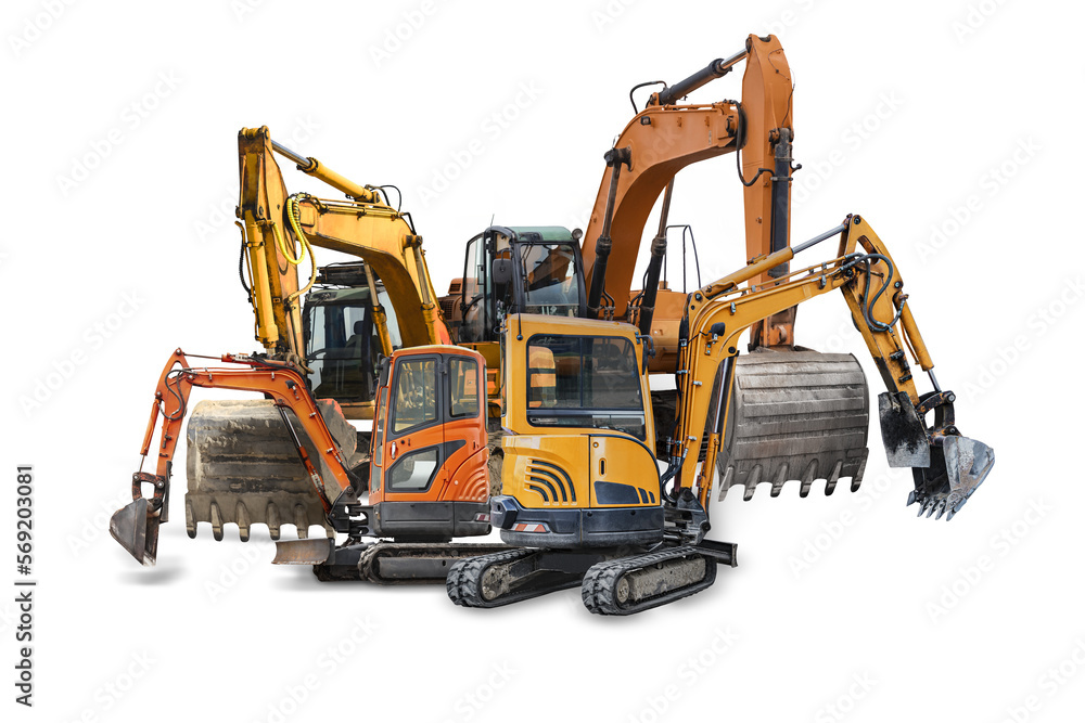 Group of different excavators isolated on white background. Mini ...