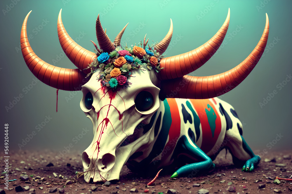 Colorful decayed monster cow with extra horns and extra eyes. AI ...