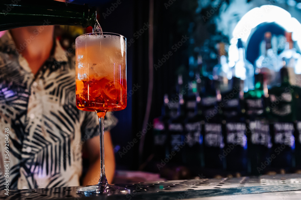 Man Hand Bartender Making Sweet And Sour Refreshing Aperol Spritz