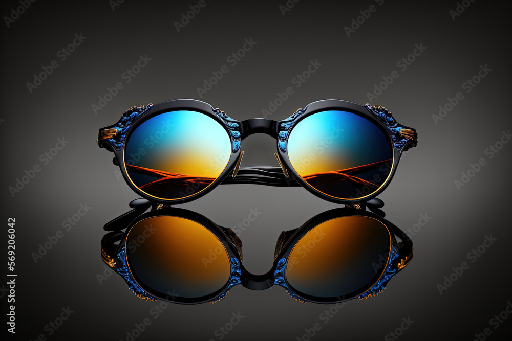 Mirror Sunglasses with blue orange Sky Sunset Reflection on Dark Mirror ...