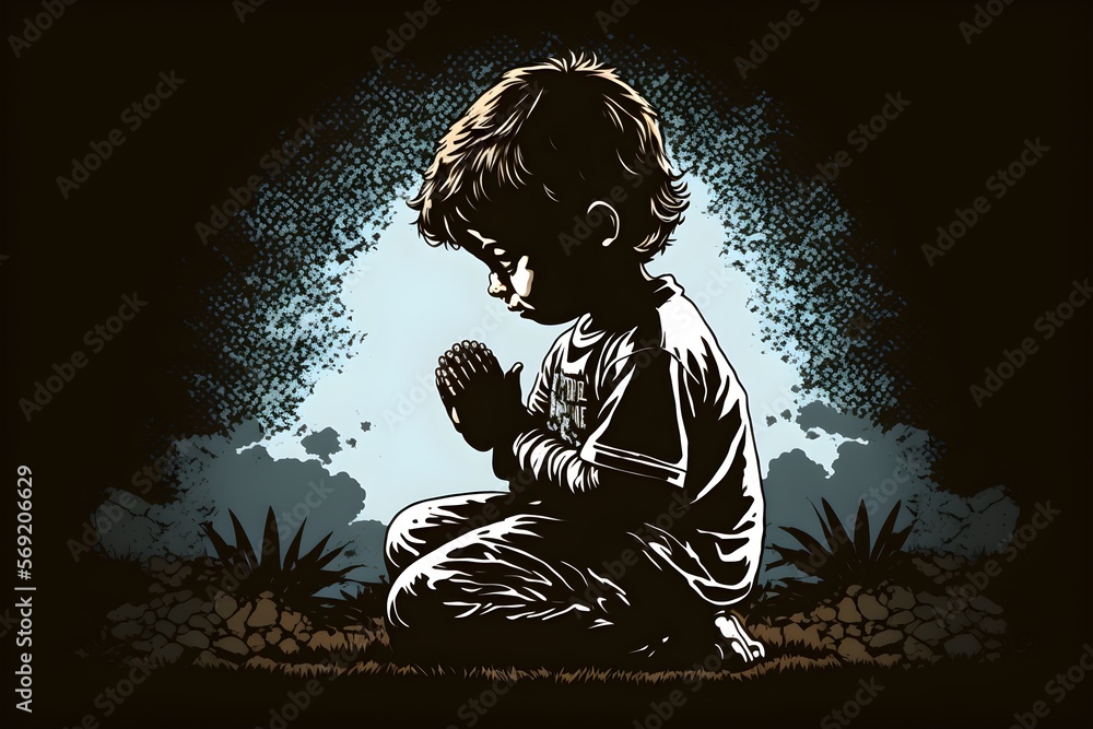 Child kneeling in prayer to god, vector. Generative AI. Stock ...