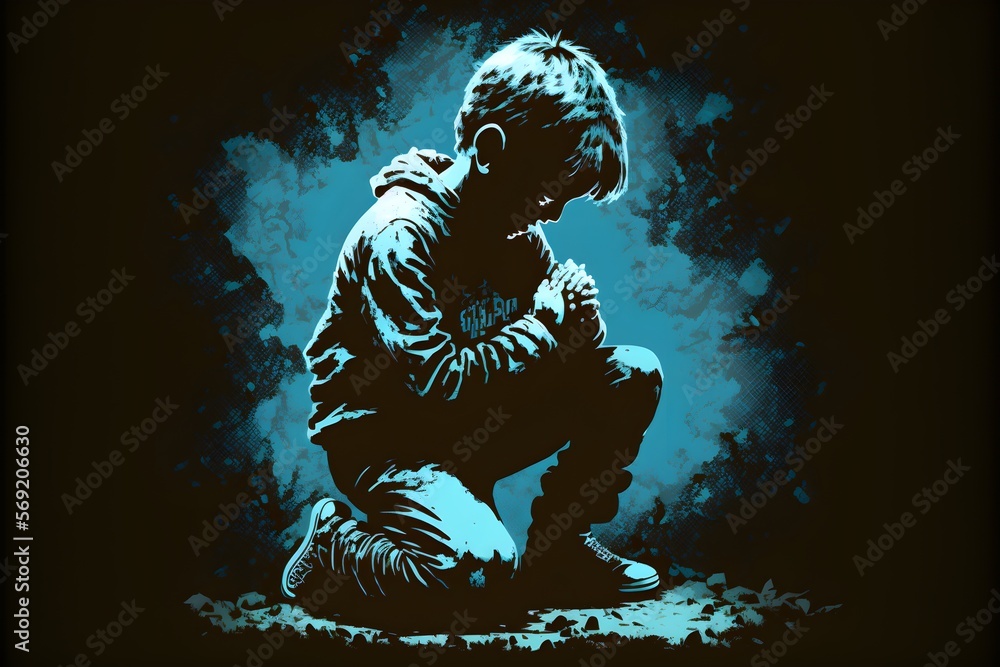 Child kneeling in prayer to god, vector. Generative AI. Stock ...