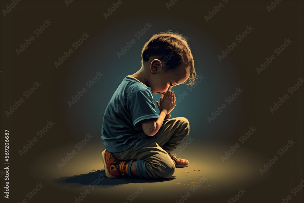 Child kneeling in prayer to god, vector. Generative AI. Stock ...