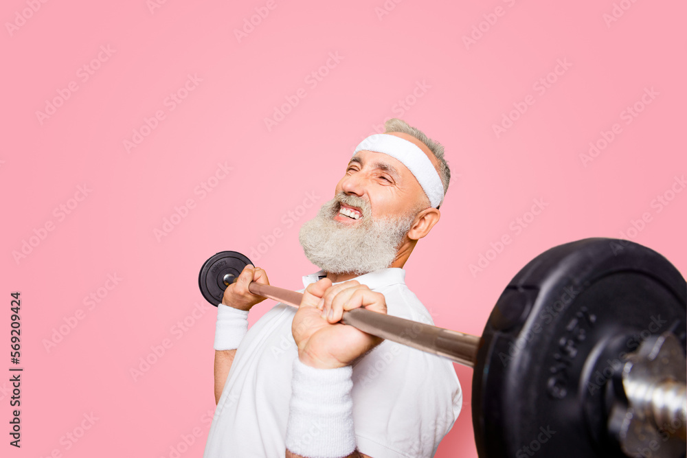 Comic, confident cool grey haired grandpa with humor grimace exercising ...