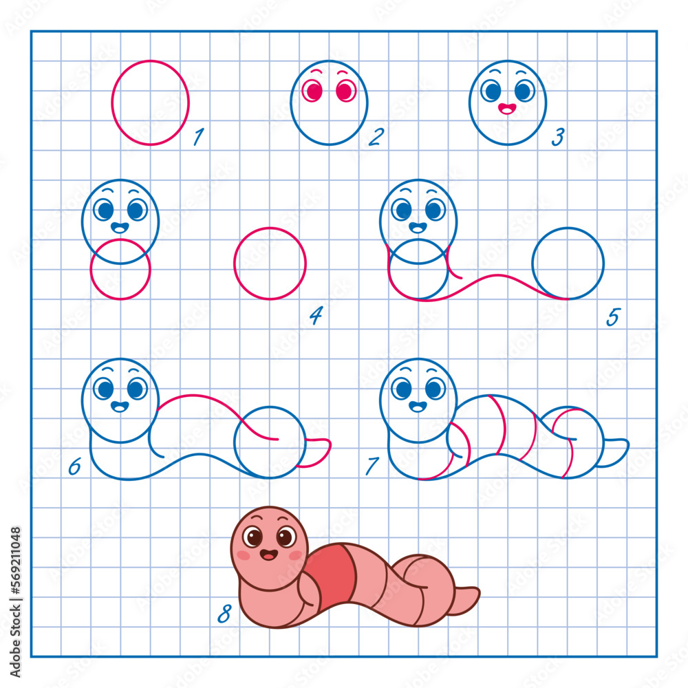 How to Draw Insect, Step by Step Lesson for Kids, Cute Earthworm ...