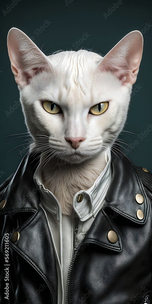 Personification of a gentleman gangster cat. White tomcat in a leather ...